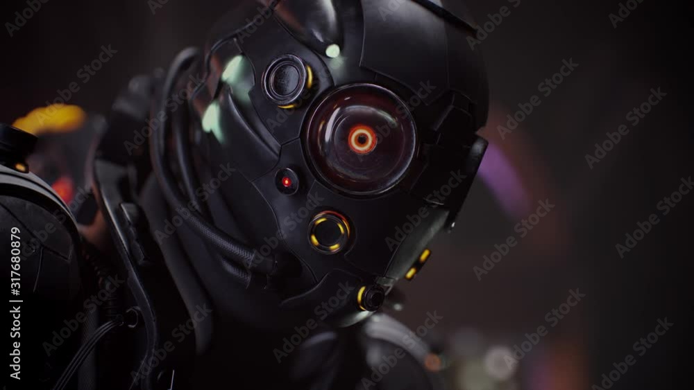 Science fiction helmet with red light and big spherical glasses. Cyborg ...