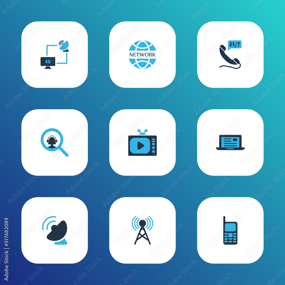 Connection icons colored set with 24/7 access, satellite with computer ...