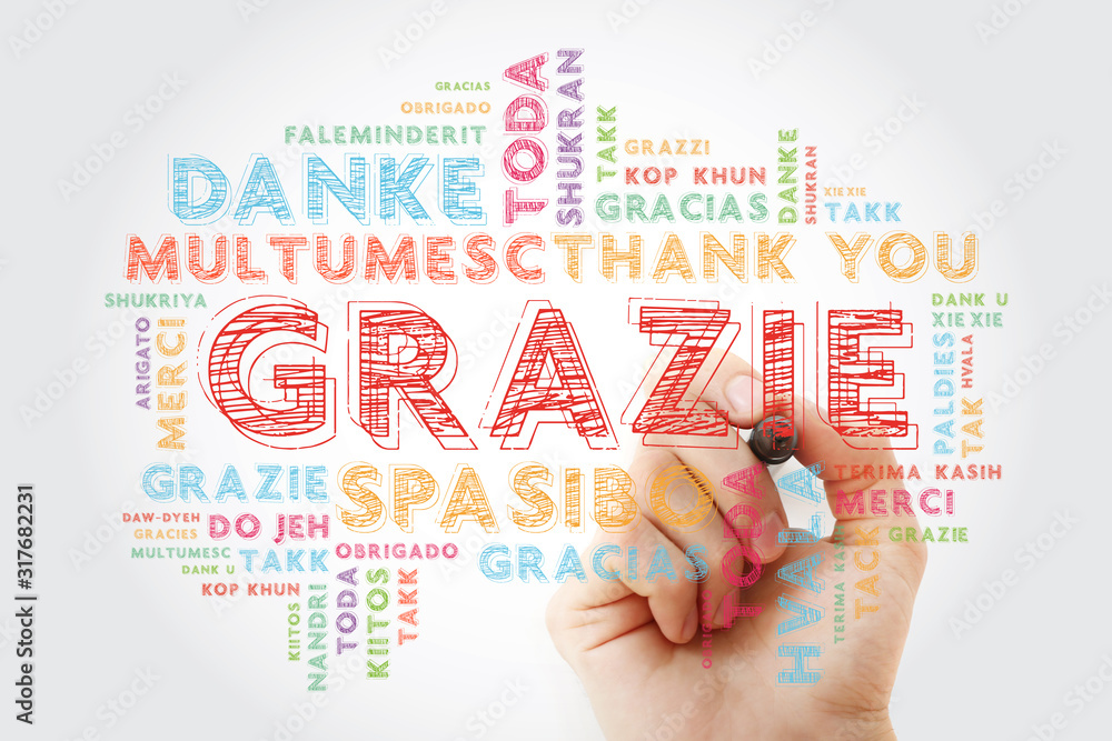 Grazie (Thank You in Italian) word cloud background in different ...