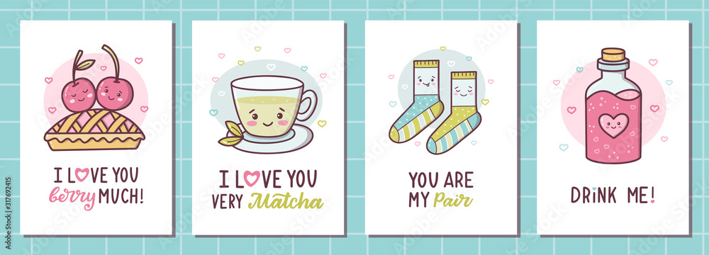 Cute greeting cards for Valentine's day with kawaii cartoon character ...