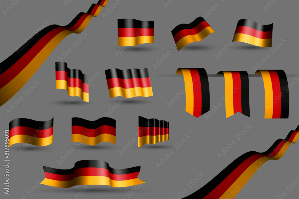 Many Germany flags, waving banners and bookmarks in the colors of the ...