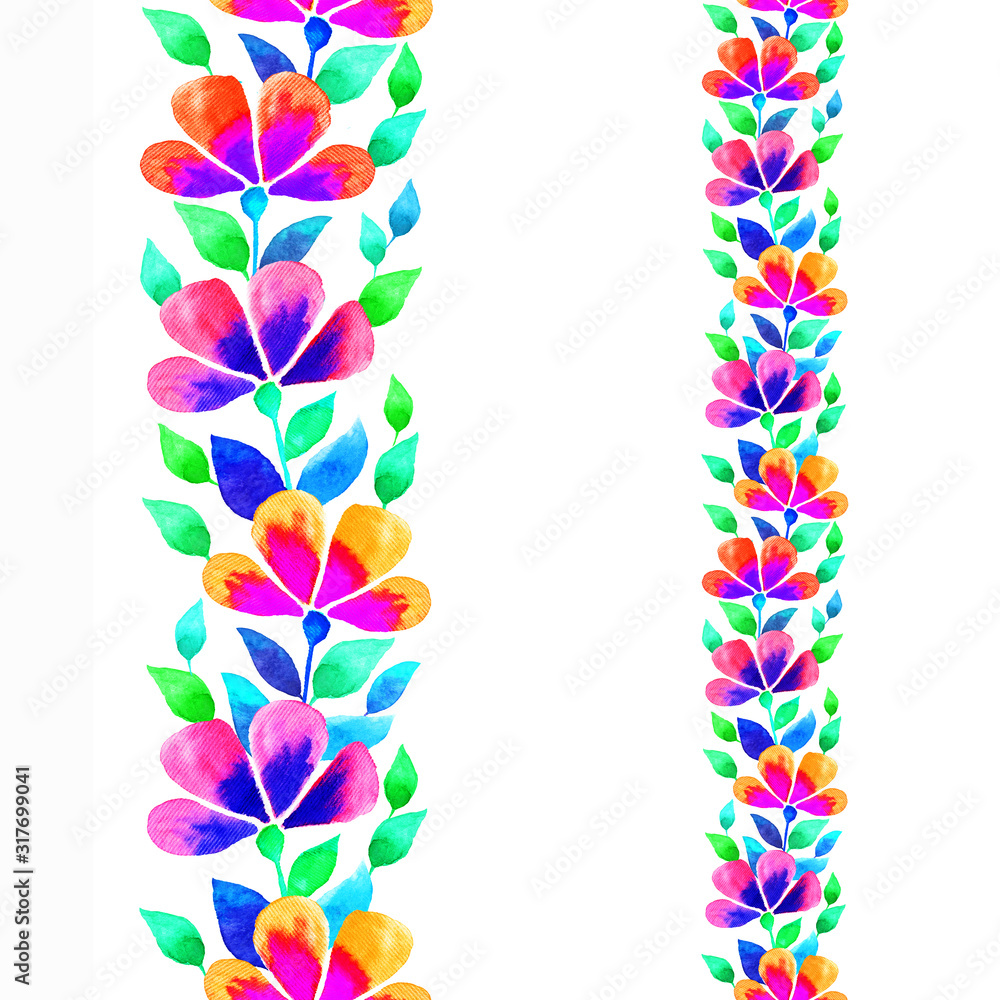 Seamless colorful floral vertical border. Hand-drawn watercolor ...