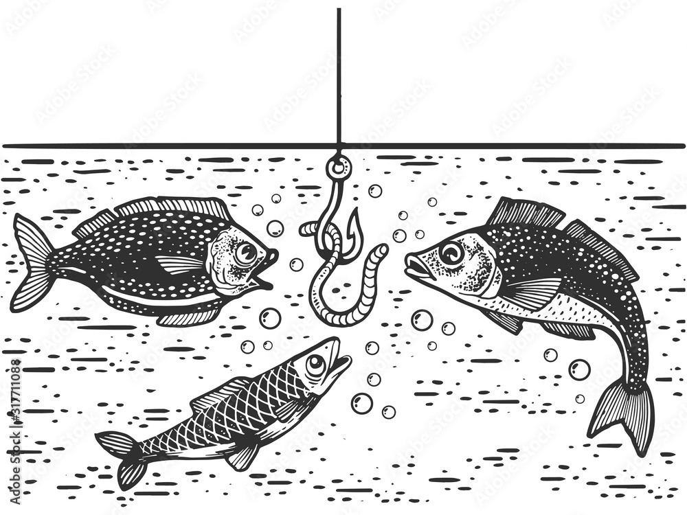Fish under water and bait on hook sketch engraving vector illustration ...