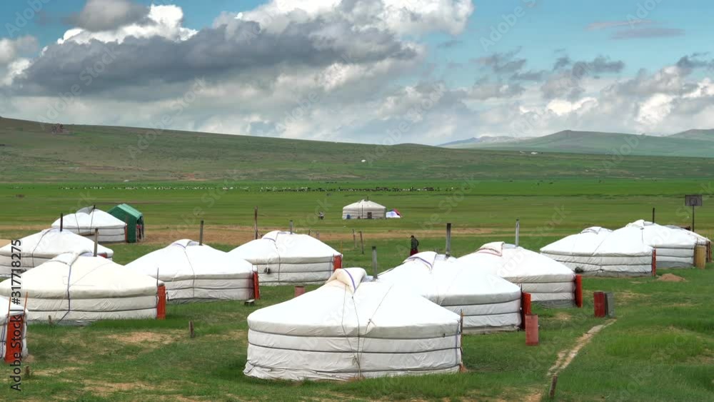Yurt camp of village in the Mongolian steppe. Traditional ger is ...