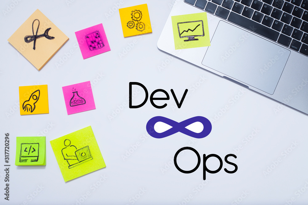 Devops concept. Developers and operations words and symbols, laptop on ...