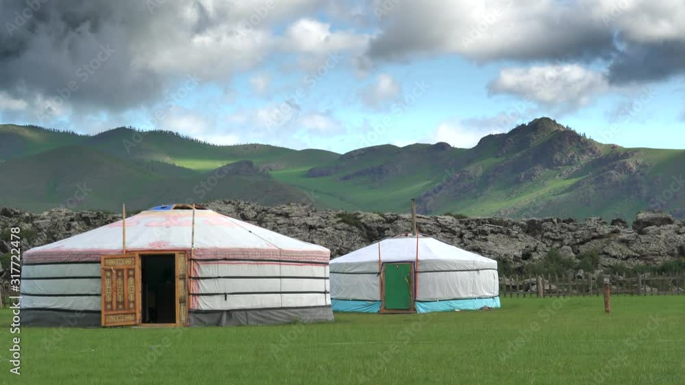 Yurt camp of village in the Mongolian steppe. Traditional two portable ...