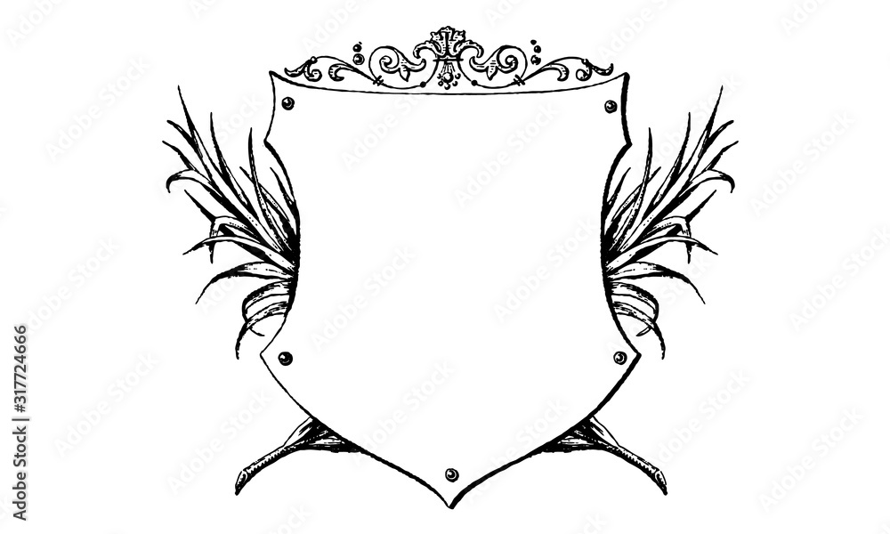 Old vintage shield. Engraving emblem set. Heraldic retro shape with ...
