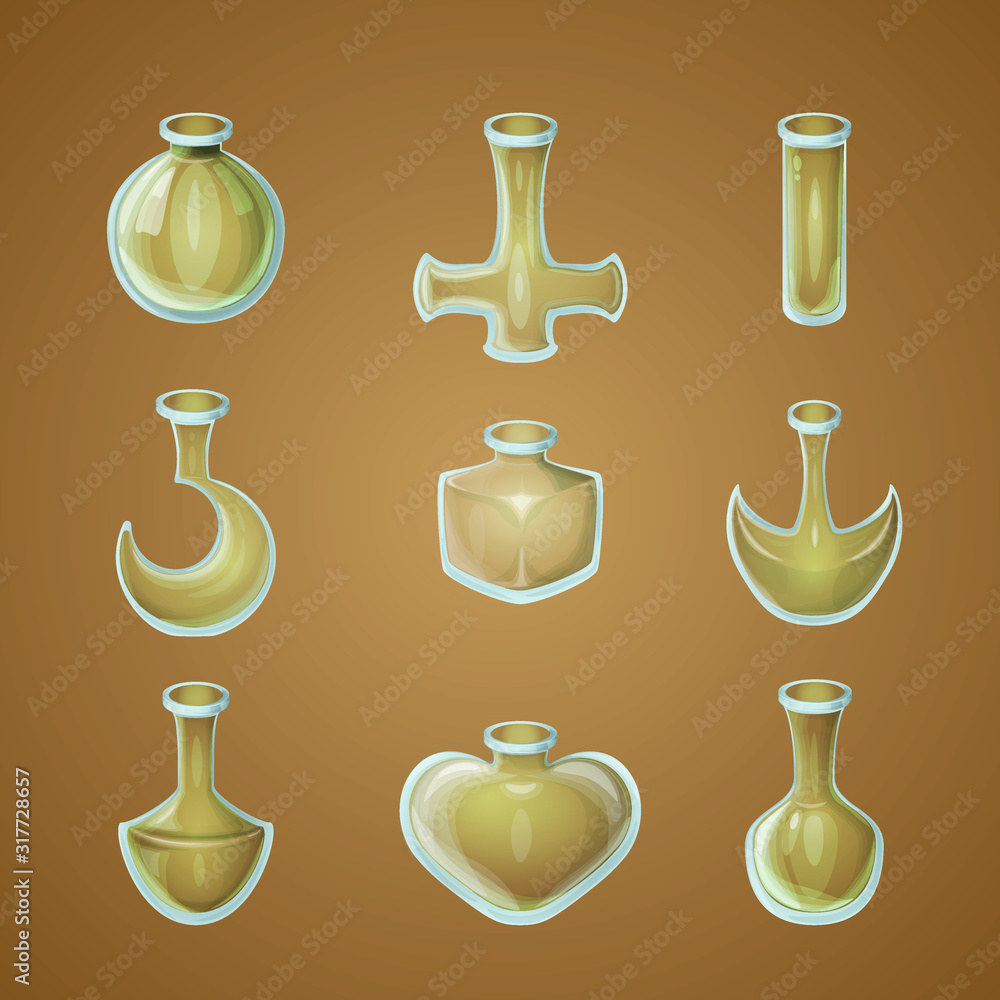 Magic potion empty bottles game asset vector set, cute fantasy design ...