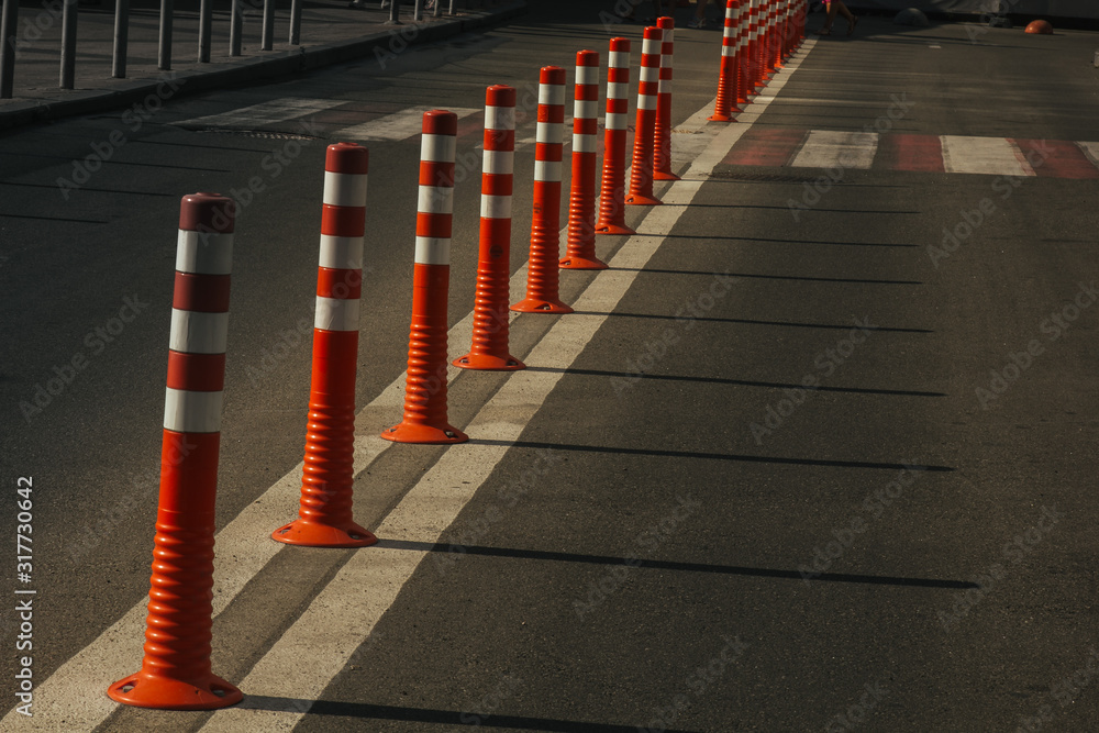 Kiev. Ukraine - 06,12,2019 A barrier made of plastic columns with ...