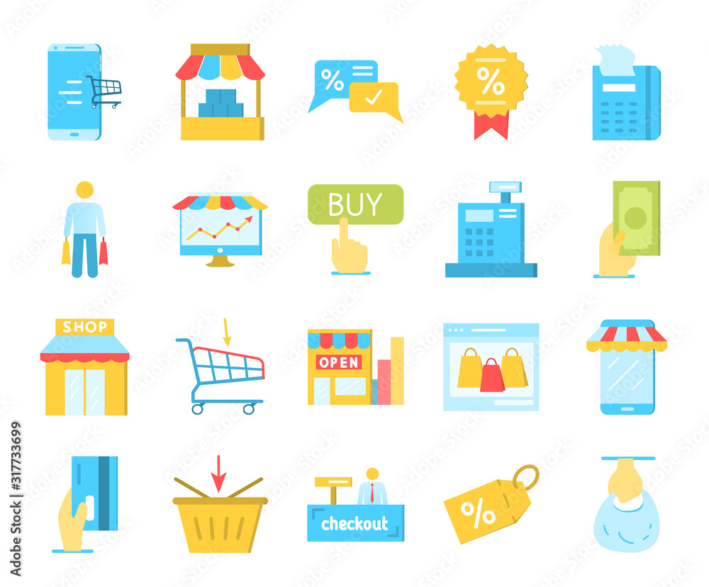 Large collection of twenty shopping icons depicting stores, shops ...