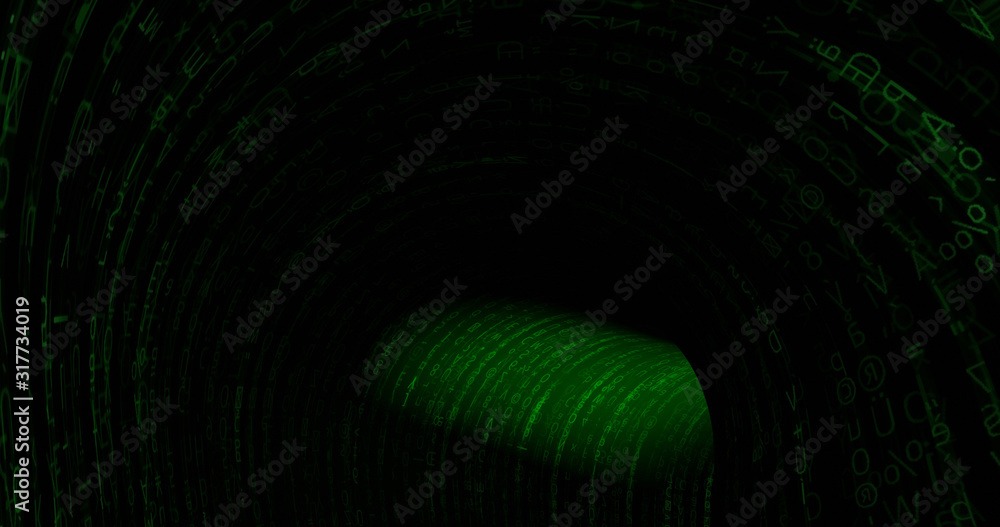 Tunnel with walls made with green code in matrix style - 3d rendering ...