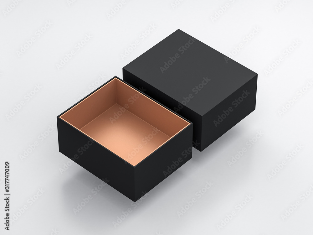 Black Box Mockup with opened cover and golden cardboard inside Stock ...