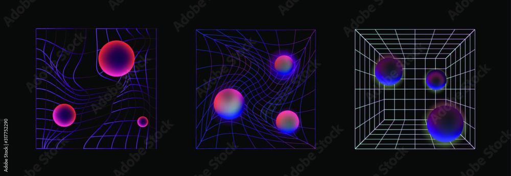 Laser grid with glowing neon spheres on dark background. Vaporwave and ...