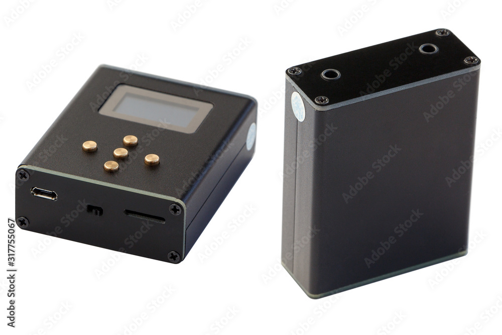 Minimalistic black digital portable audio player. Mini-usb, micro-sd ...