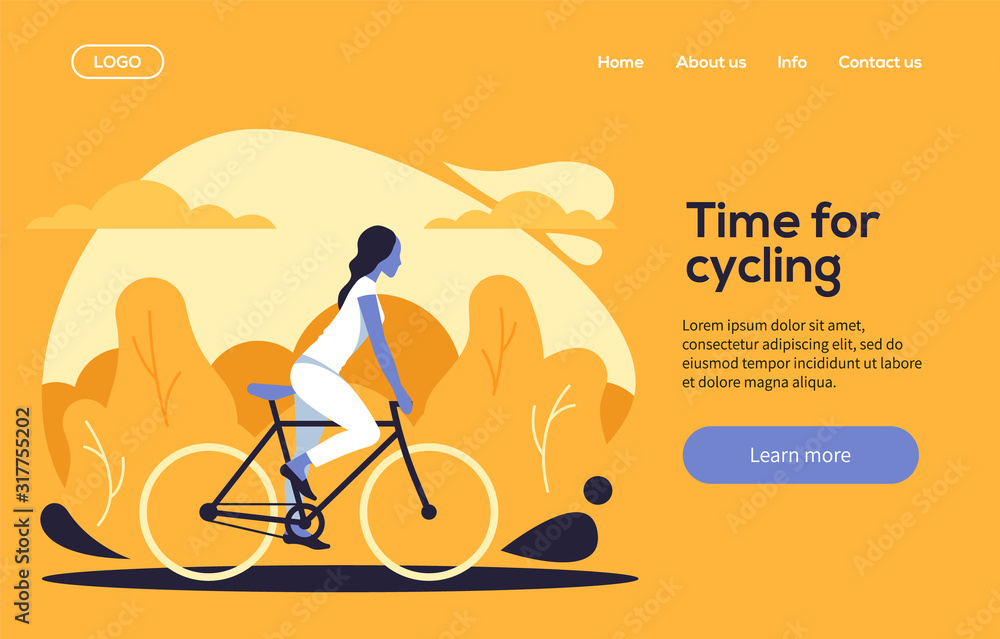 Bicycle riding landing page, banner, site, poster template. A young ...