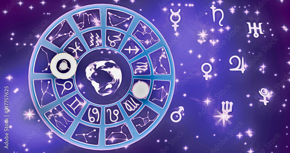 Rueda zodiacal y signos de planetas con fondo del firmamento Stock ...