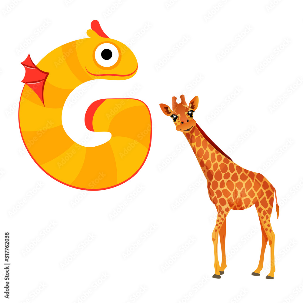Vector Cute Childish Cartoon English Alphabet. Letter G With Giraffee ...
