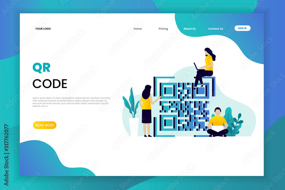 QR code scanning vector illustration landing page with people scan code ...