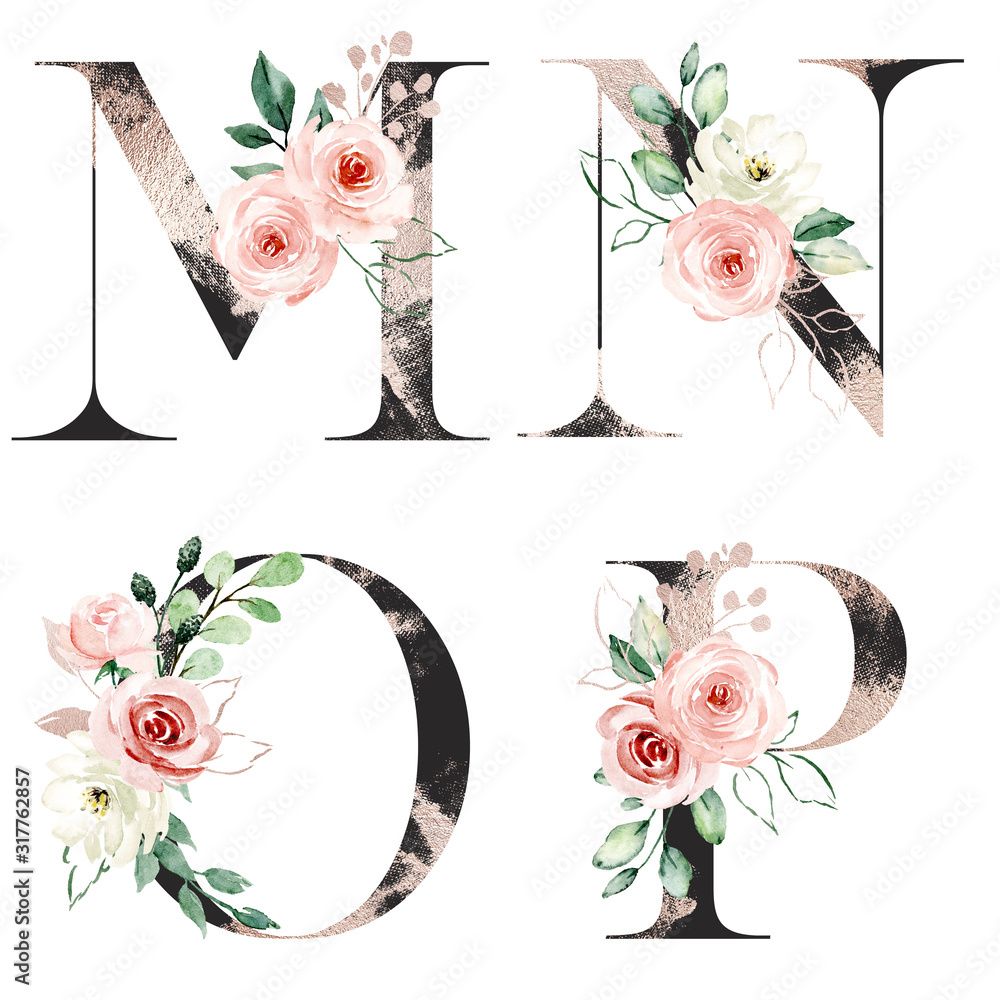 Floral alphabet, letters with watercolor flowers roses and leaf ...