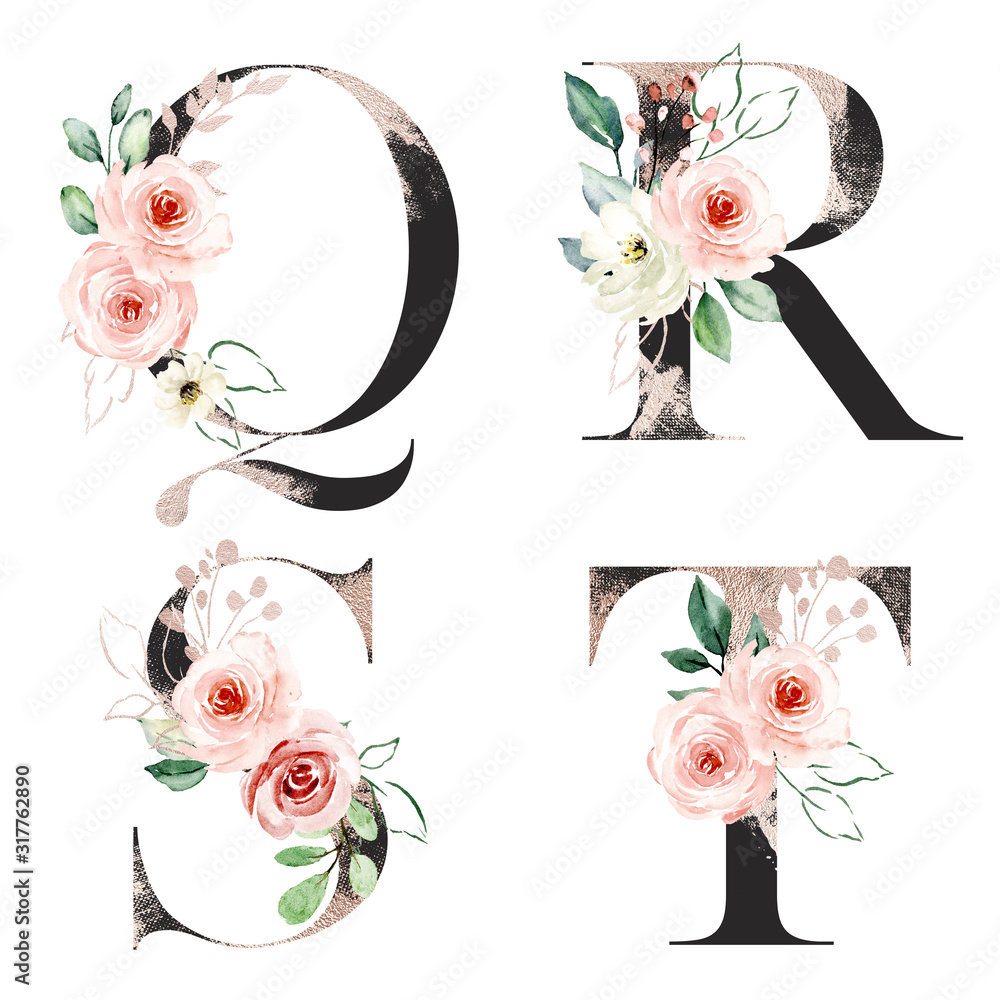 Floral alphabet, letters with watercolor flowers roses and leaf ...
