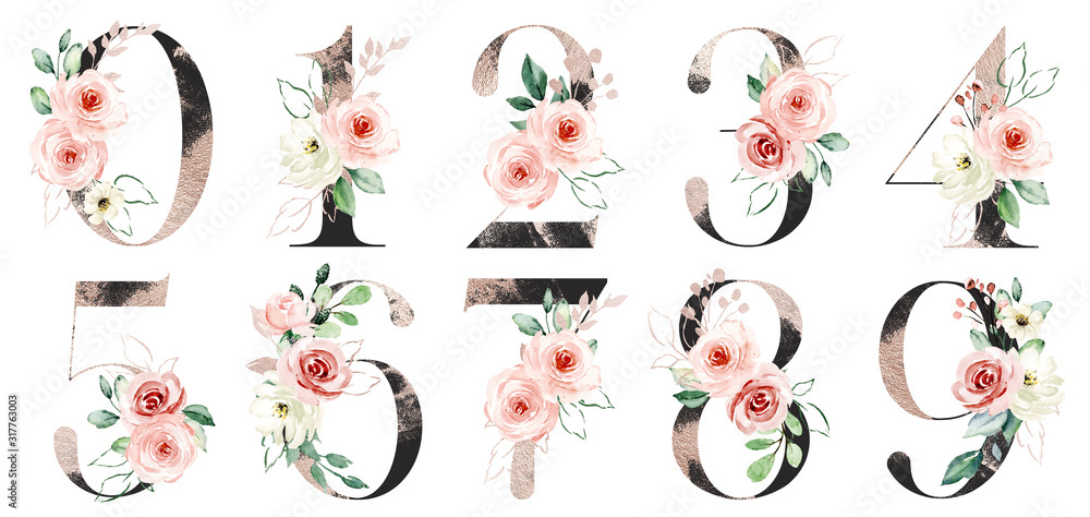 Number set with watercolor flowers roses and leaves. Numbers perfectly ...