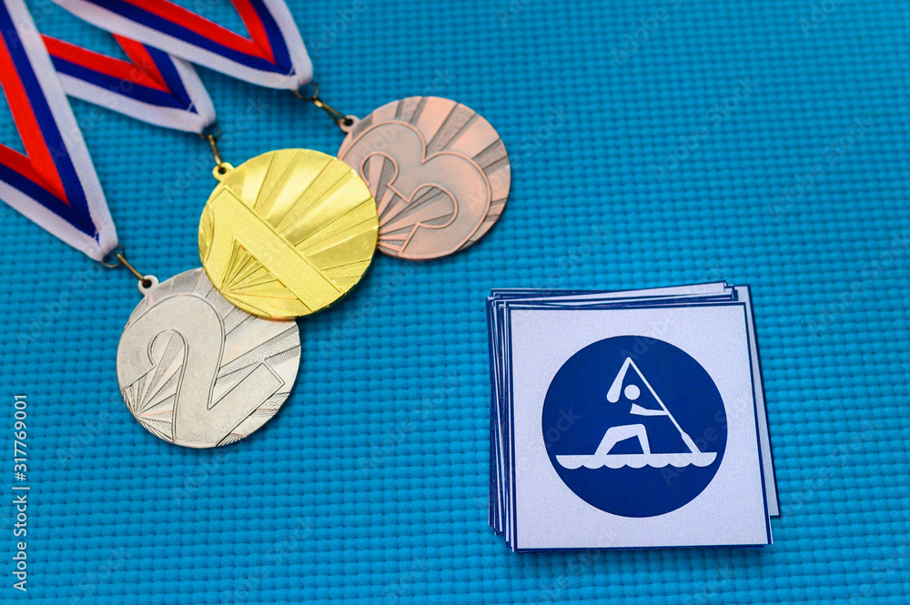 Canoe Sprint icon and medal set, gold silver and bronze medal, blue ...