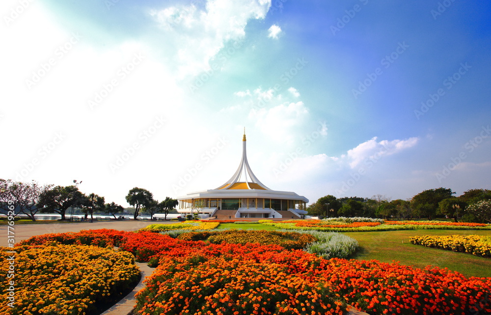 Rajamangkala Hall (The Royal Pavilion) with Colorful flower beds is the ...