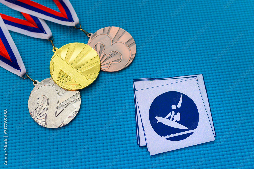 Surfing icon and medal set, gold silver and bronze medal, blue ...