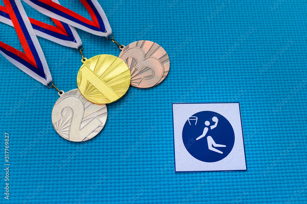 Basketball icon and medal set, gold silver and bronze medal, blue ...