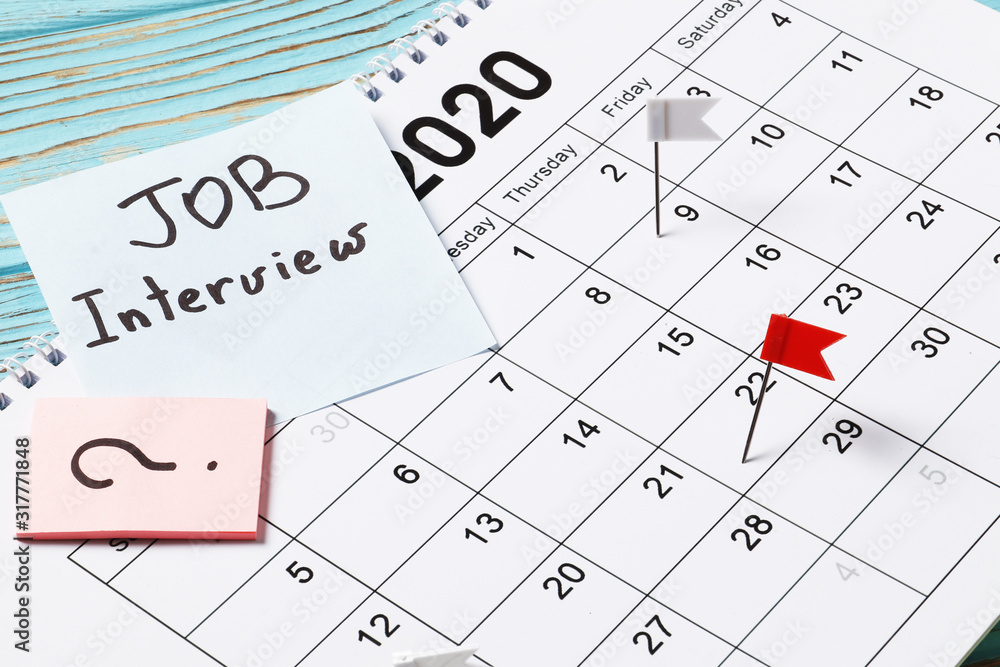 Job interview concept. Composition of notebooks, pens, pencil, stickers ...