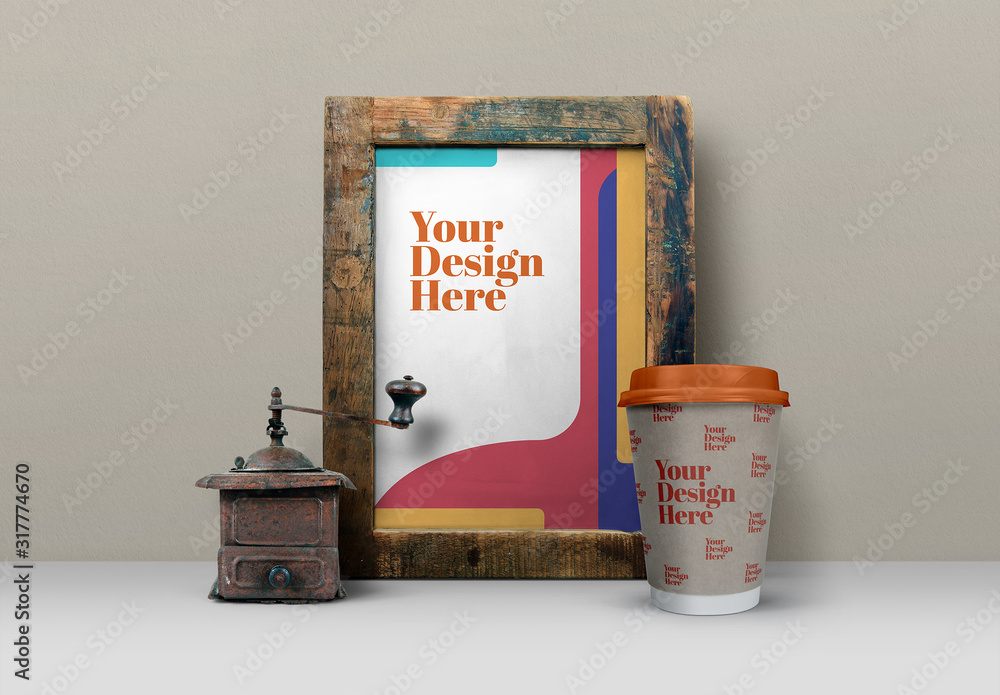 Rustic Frame and Coffee Cup Mockup with Antique Coffee Grinder Stock ...