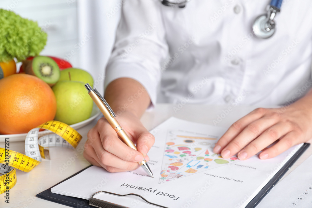 Female nutritionist with food pyramid chart at table, closeup Stock ...