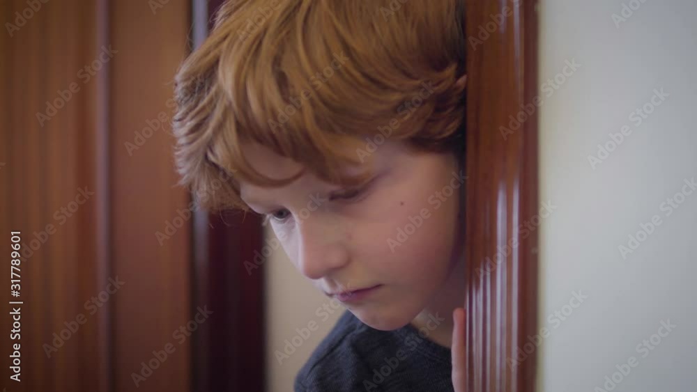 Vidéo Stock Close-up of cute redhead Caucasian boy looking out from ...