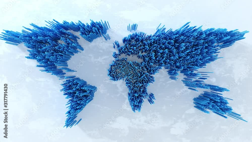 3D cylinders on world map moving like waves. Abstract render animation ...