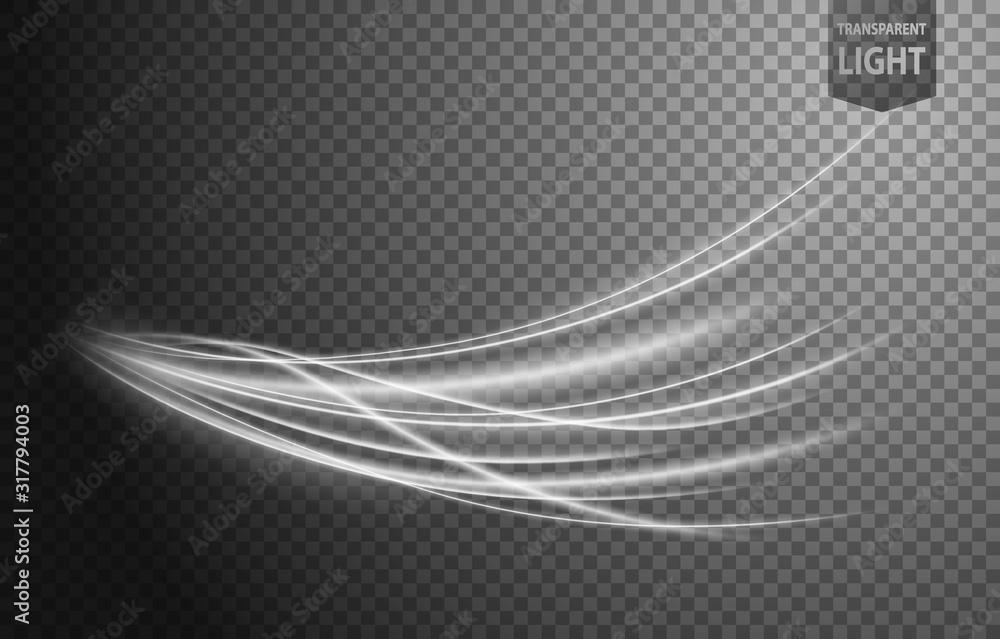 Abstract white wavy line of light with a transparent background ...