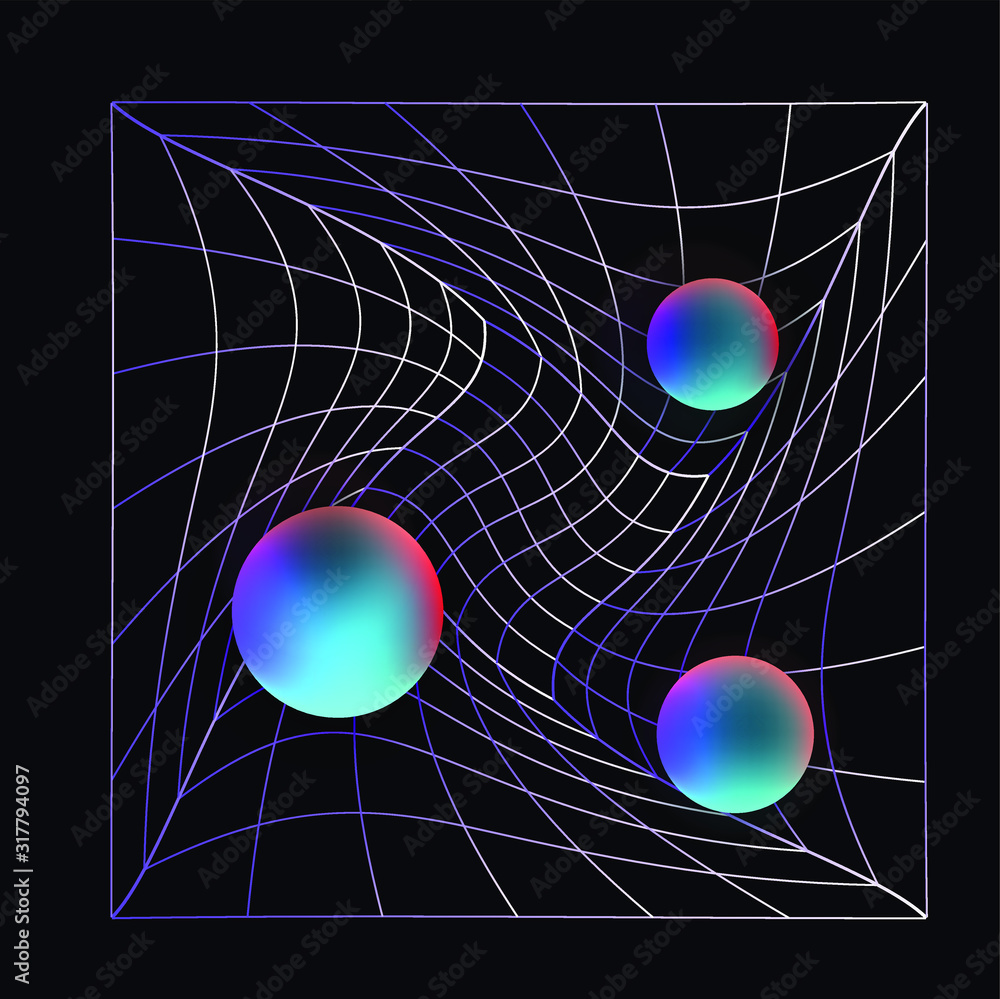 Laser grid with glowing neon spheres on dark background. Vaporwave and ...