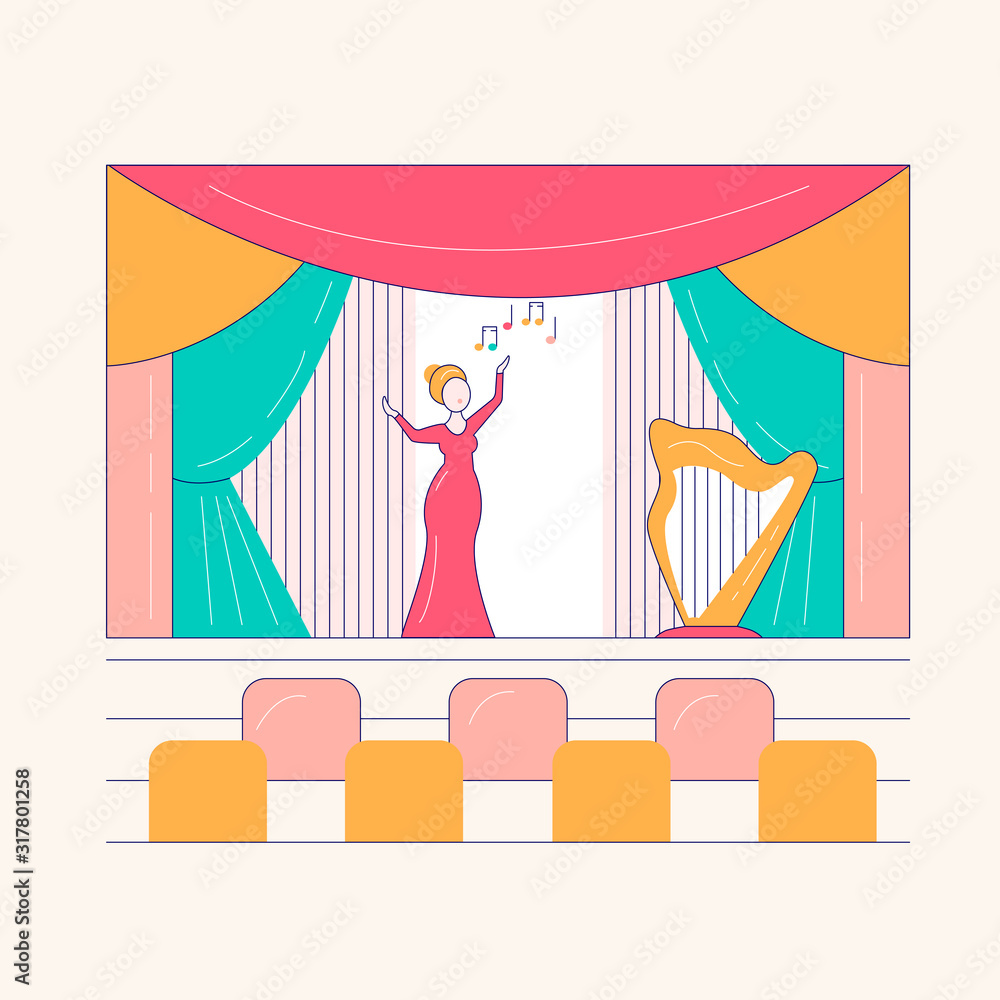 Opera theater premier announcement flat cartoon poster.Silhouette of ...