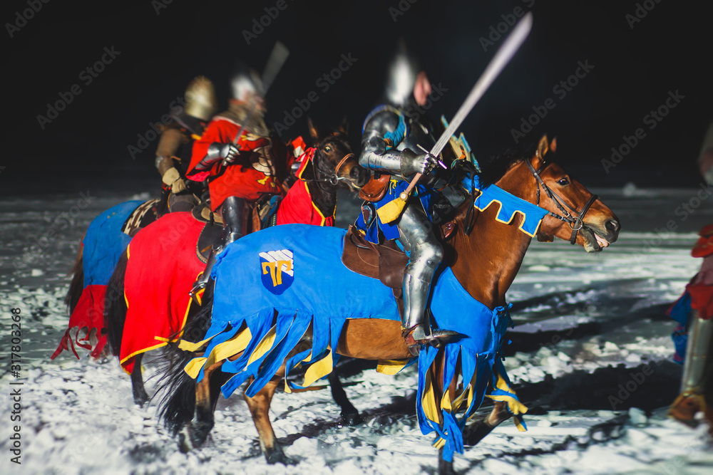 Medieval battle scene with cavalry and infantry, fight between ...
