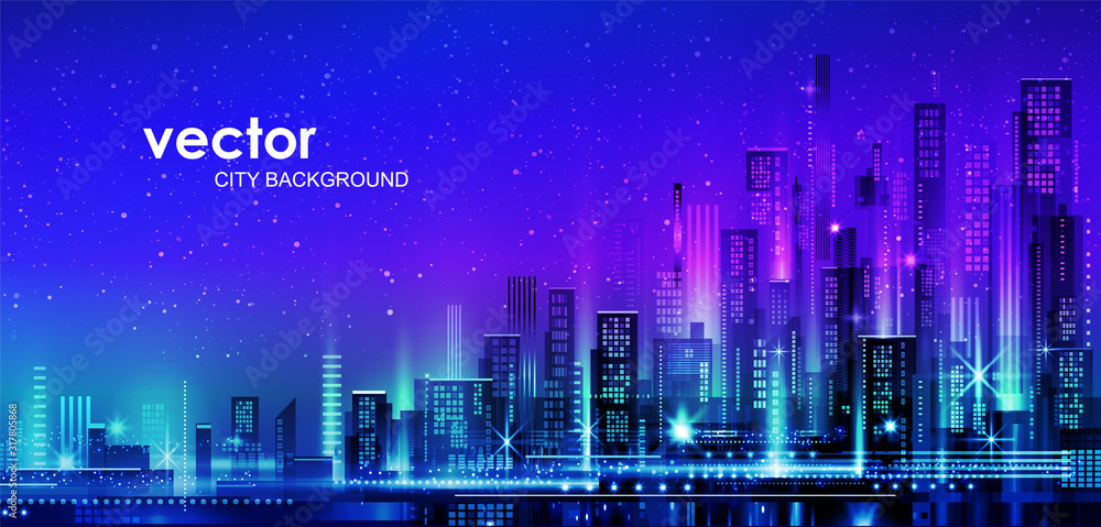 Vector night city illustration with neon glow and vivid colors. Stock ...