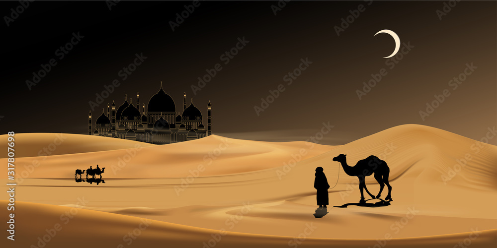 Vector illustration group of Arab people with camels caravan riding in ...