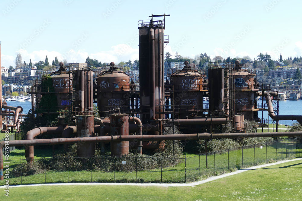 Vintage gas works now public art installation Stock Photo | Adobe Stock