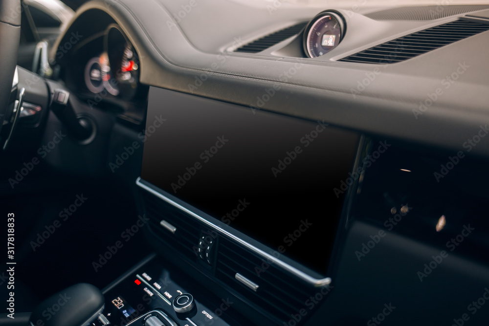 Modern car interior with dashboard and big monitor screen Stock Photo ...