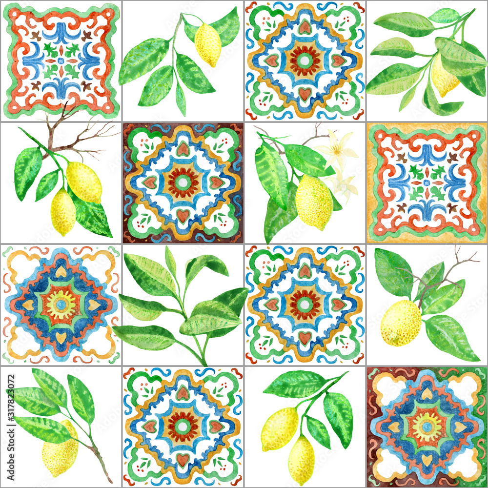 Seamless pattern of watercolor painted mosaic tiles with hand drawn ...