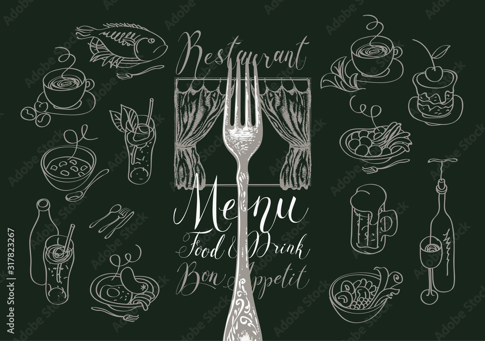 Vector menu for a restaurant or cafe with a fork, sketches of various ...