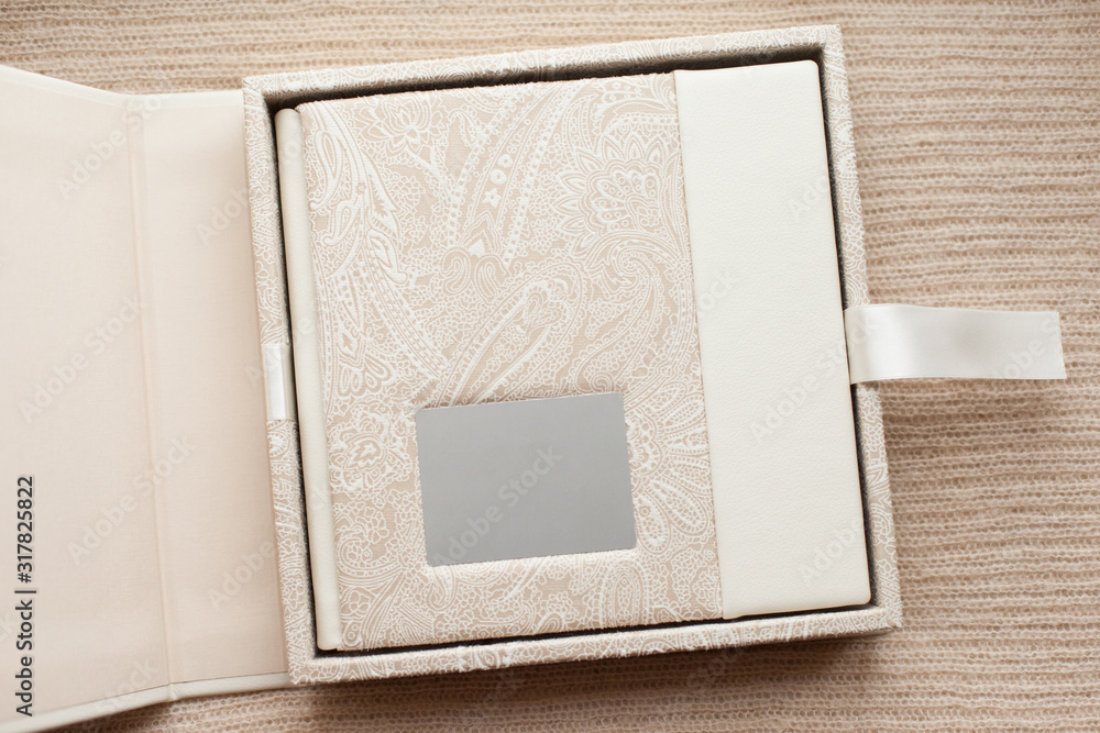 Elegant beige book and box for it. Wedding photobook. Wedding photo ...