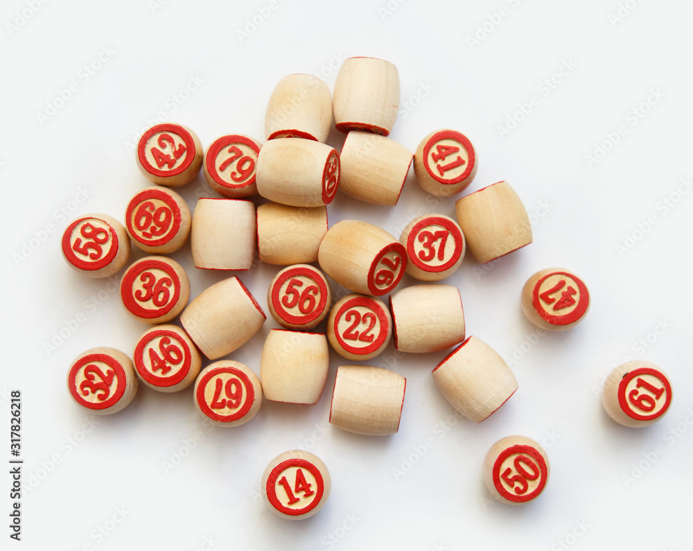 Board bingo game. Lotto game isolated on white background. A red bag ...