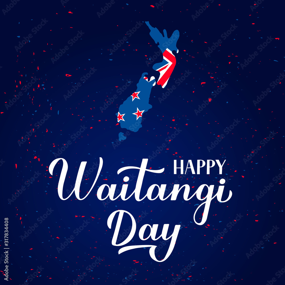 Happy Waitangi Day banner with modern calligraphy hand lettering, map ...