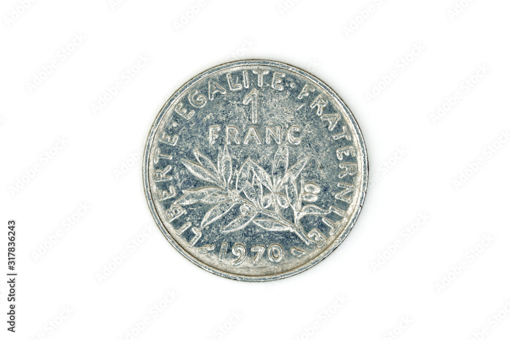 Tails of an old 1 franc coin close-up and without a background, top ...