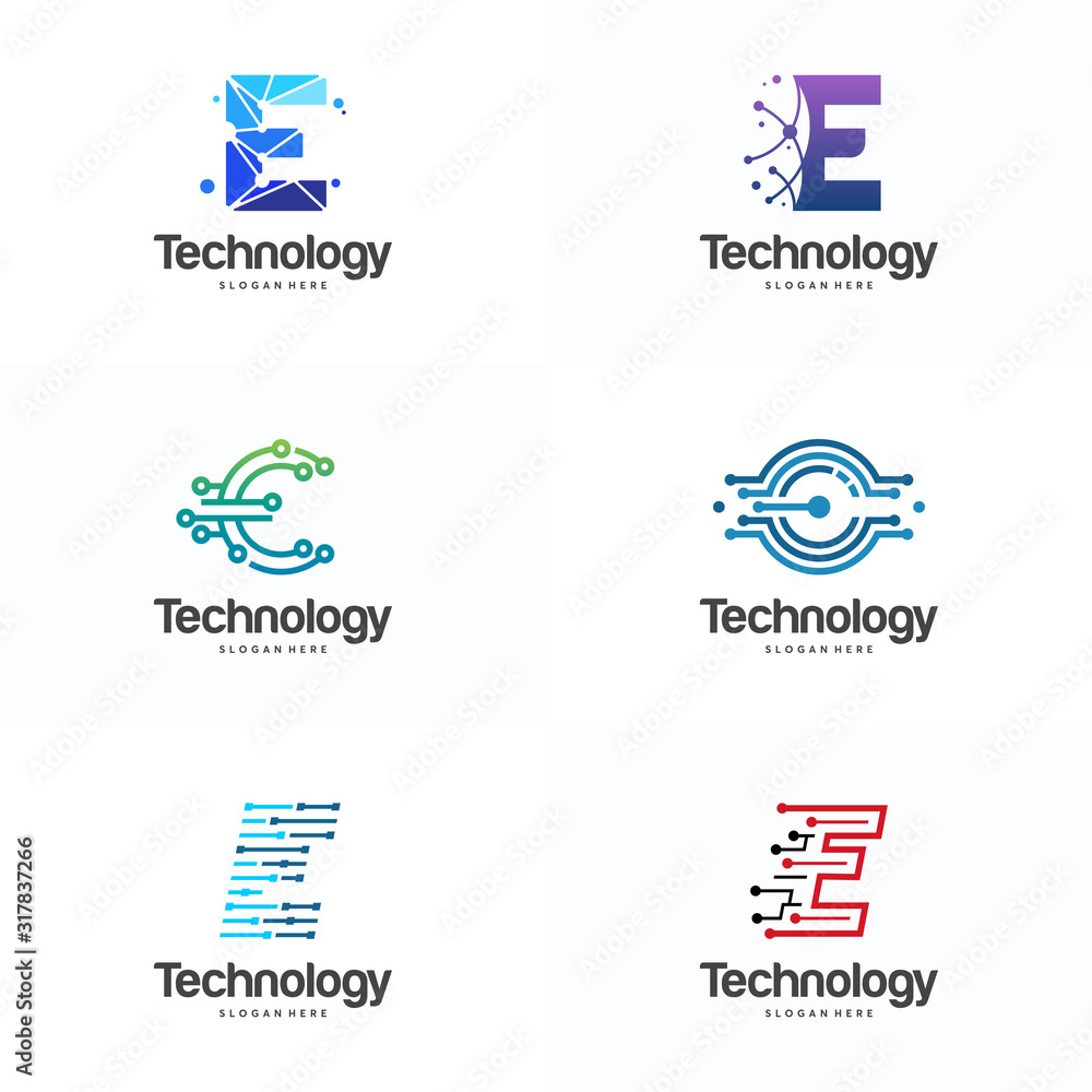 Set of E initial Technology Logo designs template, Pixel E letter logo ...