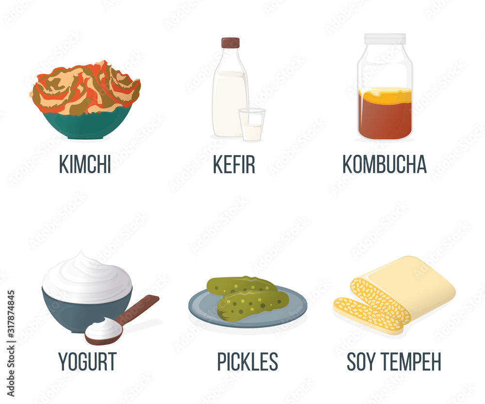 Set of Food with Probiotics. Healthy Food Style, Concept Icon and Label ...